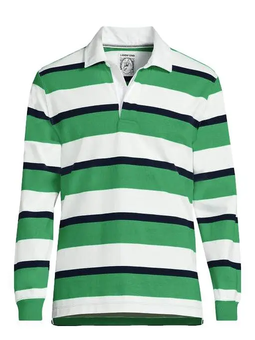 LANDS' END Long Sleeve Rugby Shirt - Simply Green/navy Stripe