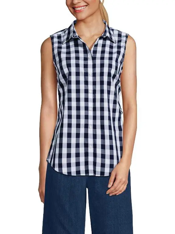 LANDS' END Sleeveless No Iron Dress Shirt - Deep Sea Gingham