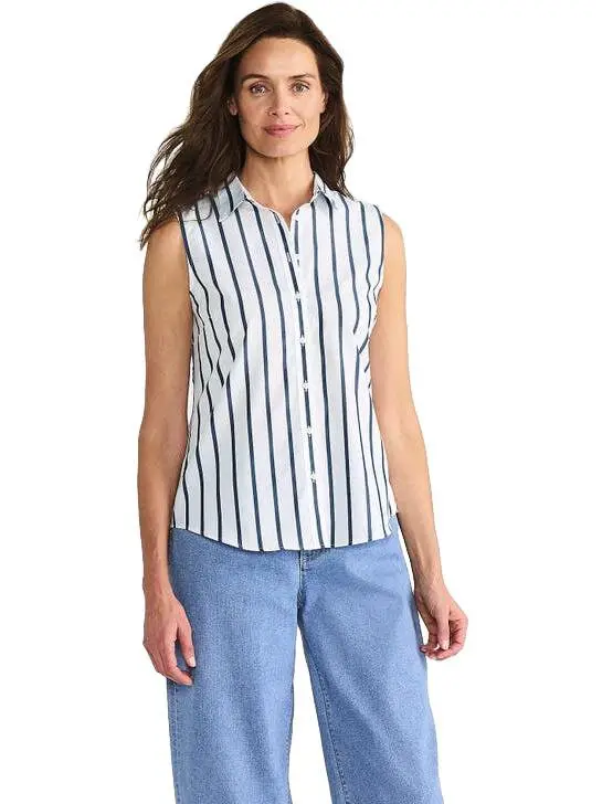 LANDS' END Sleeveless No Iron Dress Shirt - White/navy Classic Stripe