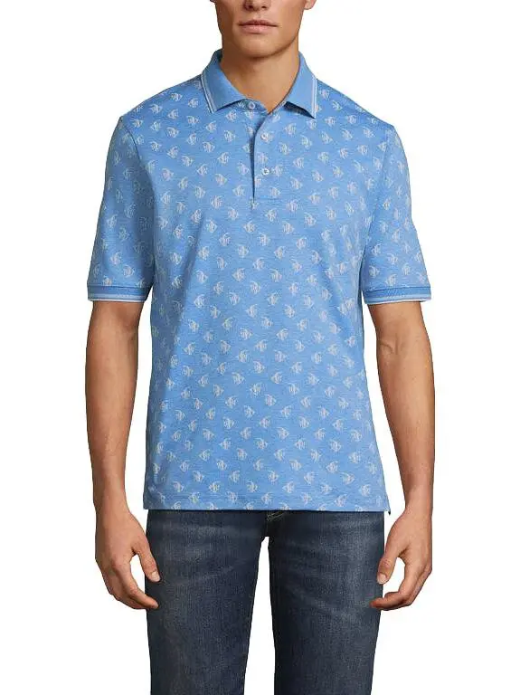 LANDS' END Short Sleeve Cotton Supima Polo Shirt - Crisp Blue Heather Fish Print