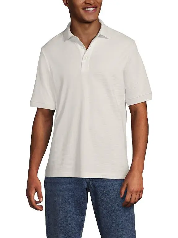 LANDS' END Short Sleeve Cotton Supima Polo Shirt - Ivory Grid
