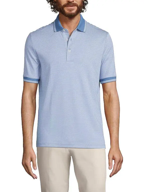 LANDS' END Short Sleeve Cotton Supima Polo Shirt - Muted Blue/white Stripe