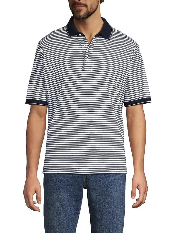 LANDS' END Short Sleeve Cotton Supima Polo Shirt - Radiant Navy Double Stripe