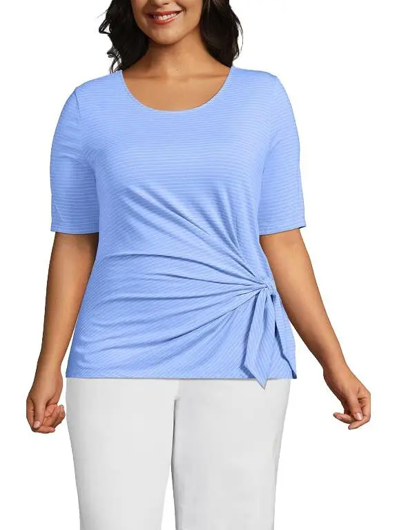 LANDS' END Lightweight Jersey Tie Front Top - Clear Blue Sky Thin Stripe