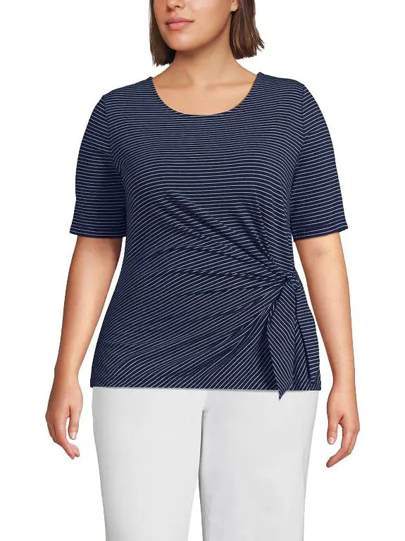 LANDS' END Lightweight Jersey Tie Front Top - Deep Sea Navy Thin Stripe