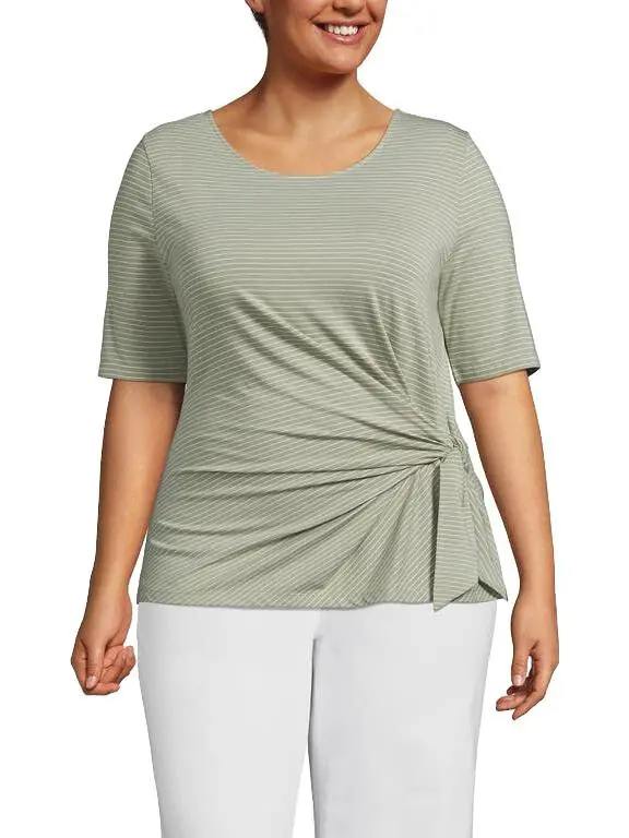 LANDS' END Lightweight Jersey Tie Front Top - Sage Thin Stripe
