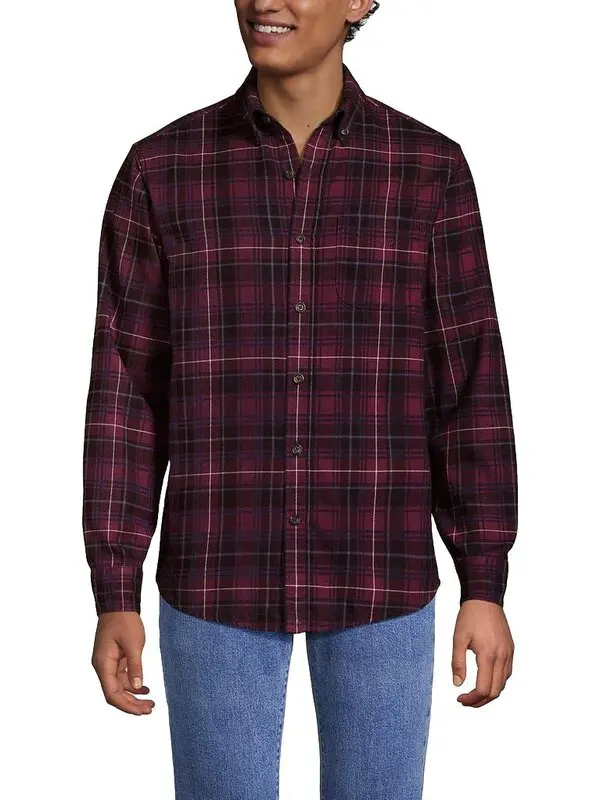 LANDS' END Traditional Fit Flagship Flannel Shirt - Burgundy Spritz/navy Plaid