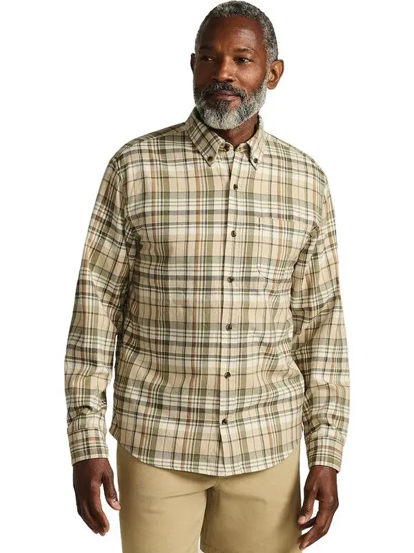 LANDS' END Traditional Fit Flagship Flannel Shirt - Desert Tan/forest Moss Plaid