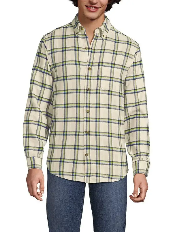 LANDS' END Traditional Fit Flagship Flannel Shirt - Ivory Latte Plaid