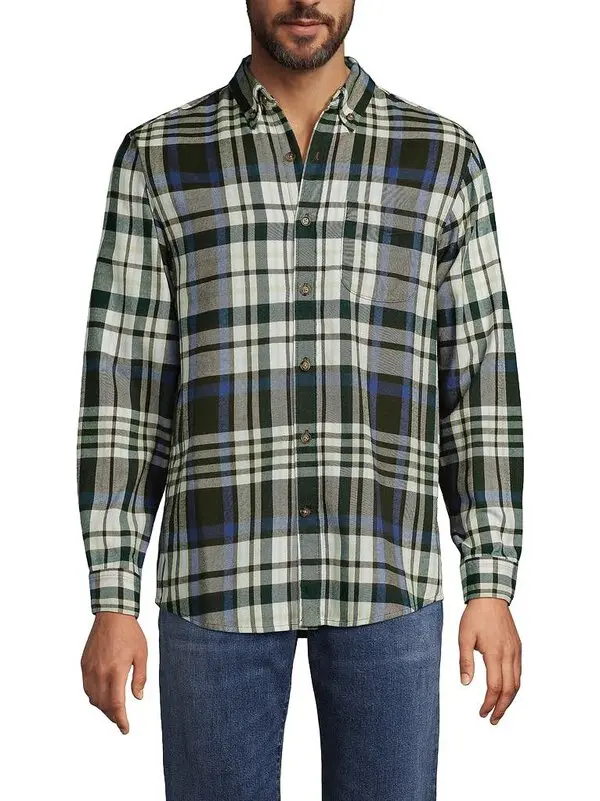 LANDS' END Traditional Fit Flagship Flannel Shirt - Ivory/antique Moss Plaid