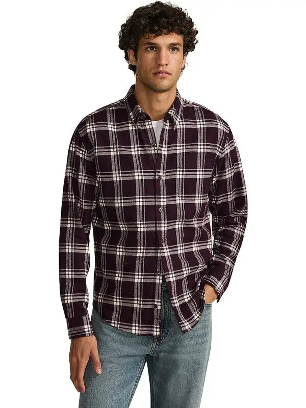 LANDS' END Traditional Fit Flagship Flannel Shirt - Lush Burgundy/ivory Plaid