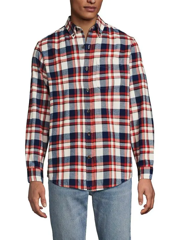 LANDS' END Flagship Flannel Shirt - Navy/bourbon Plaid