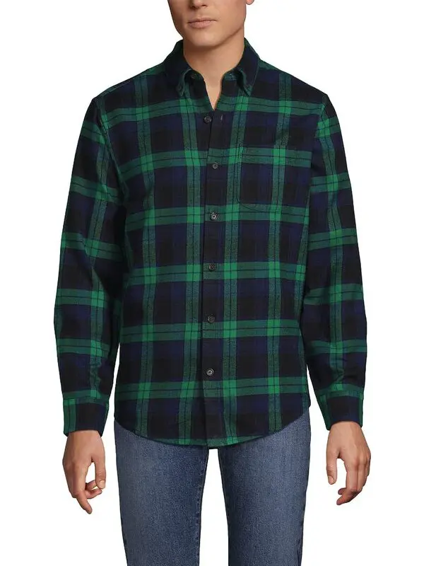 LANDS' END Traditional Fit Flagship Flannel Shirt - Rich Clover/navy Plaid
