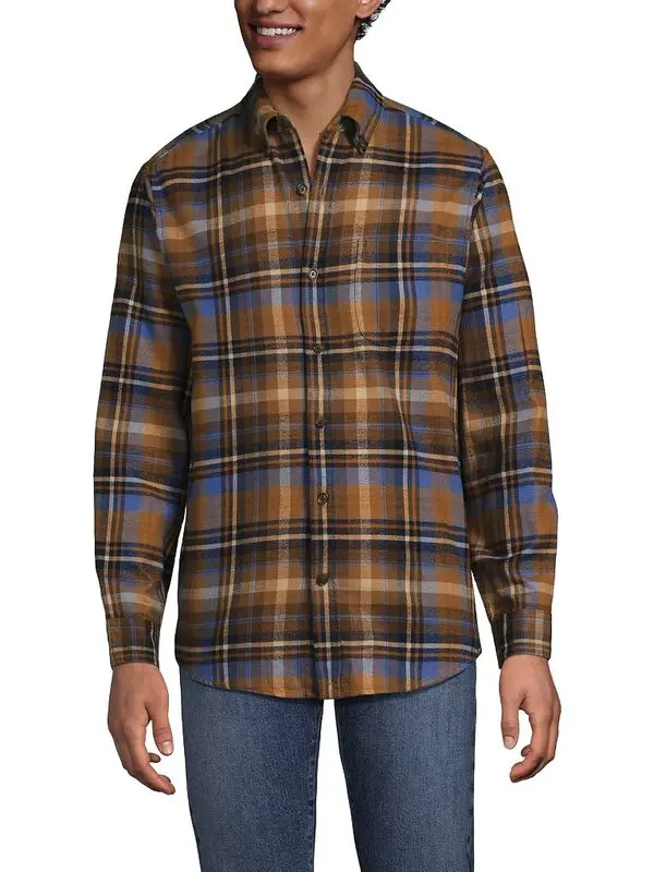 LANDS' END Flagship Flannel Shirt - Soft Cerulean/toffee Plaid