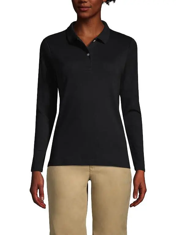 LANDS' END Long Sleeve Feminine Fit Interlock Polo Shirt - Black
