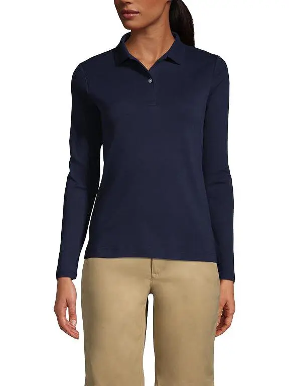 LANDS' END Long Sleeve Feminine Fit Interlock Polo Shirt - Classic Navy
