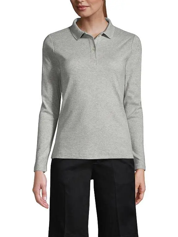 LANDS' END Long Sleeve Feminine Fit Interlock Polo Shirt - Gray Heather