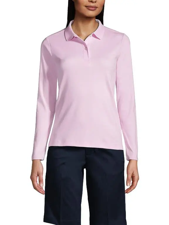 LANDS' END Long Sleeve Feminine Fit Interlock Polo Shirt - Ice Pink