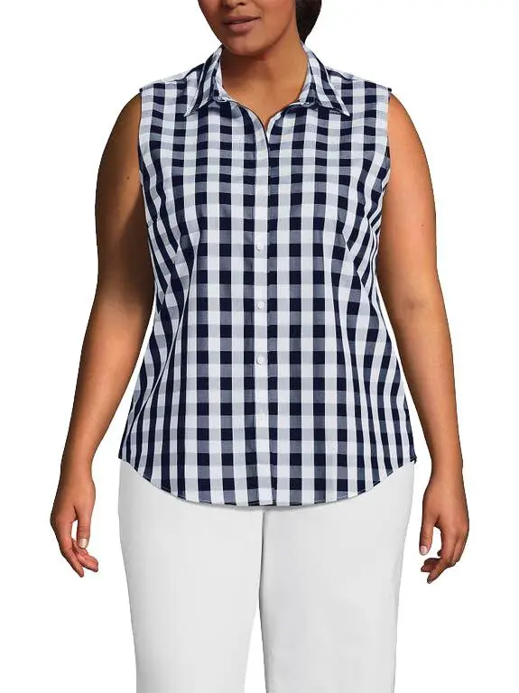 LANDS' END No Iron Sleeveless Shirt - Deep Sea Gingham