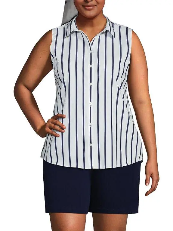 LANDS' END Sleeveless No Iron Shirt - White/navy Classic Stripe