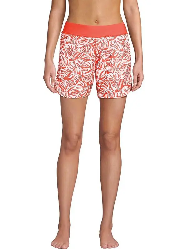 LANDS' END 5" Quick Dry Elastic Waist Board Shorts - Orange Mini Tropic Leaves