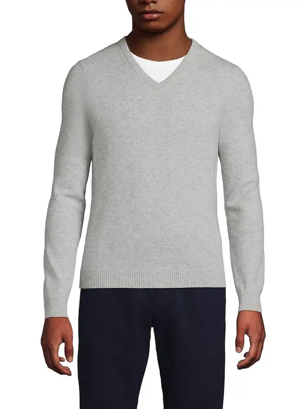 LANDS' END Fine Gauge Cashmere V-neck Sweater - Misty Gray Heather