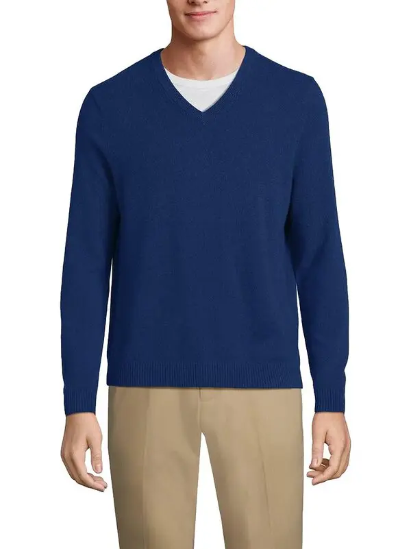 LANDS' END Fine Gauge Cashmere V-neck Sweater - Northern Sky Heather
