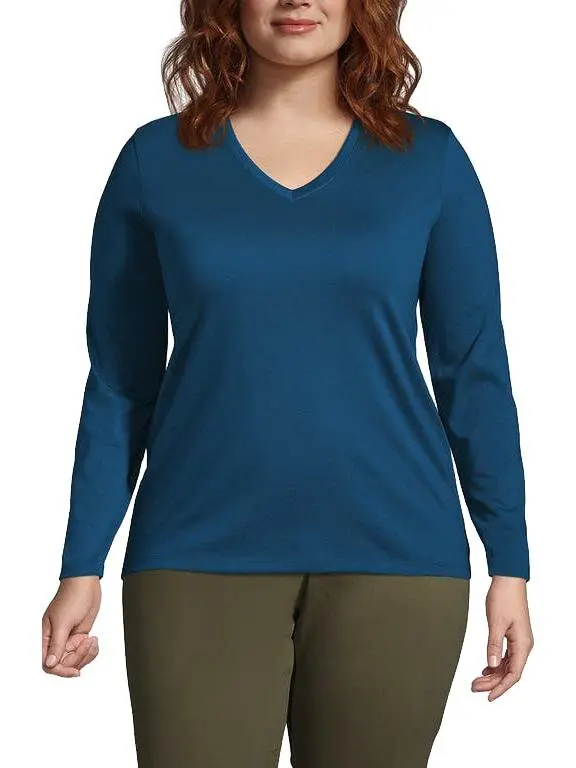LANDS' END Supima Cotton Long-sleeve V-neck T-shirt - Baltic Teal