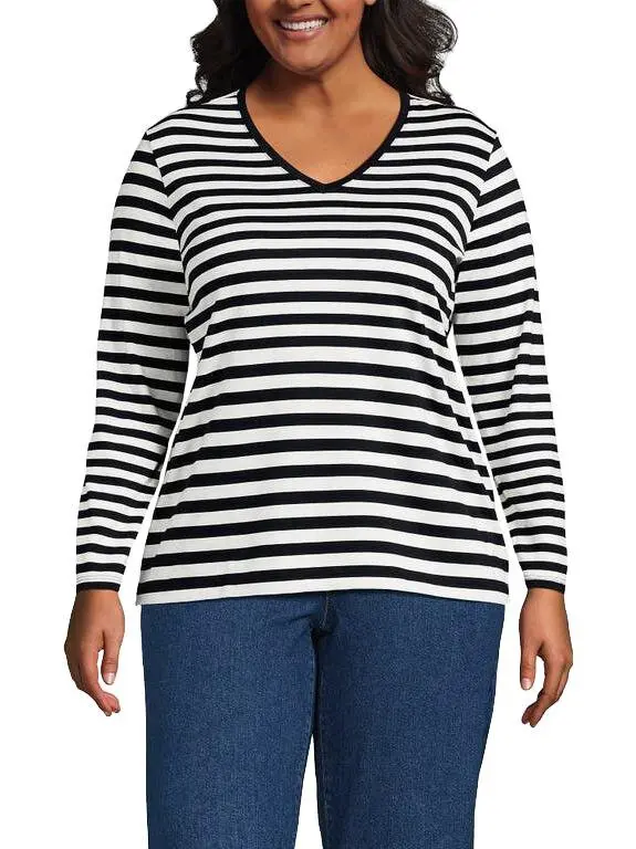LANDS' END Supima Cotton Long-sleeve V-neck T-shirt - Black Even Stripe