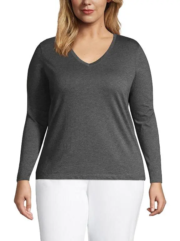 LANDS' END Supima Cotton Long-sleeve V-neck T-shirt - Charcoal Heather