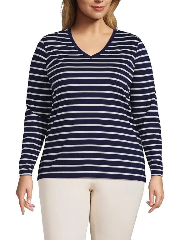 LANDS' END Supima Cotton Long-sleeve V-neck T-shirt - Deep Sea Navy Breton Stripe