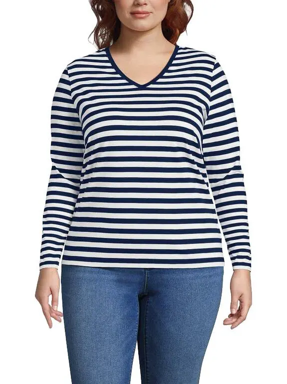 LANDS' END Supima Cotton Long-sleeve V-neck T-shirt - Deep Sea Navy Even Stripe