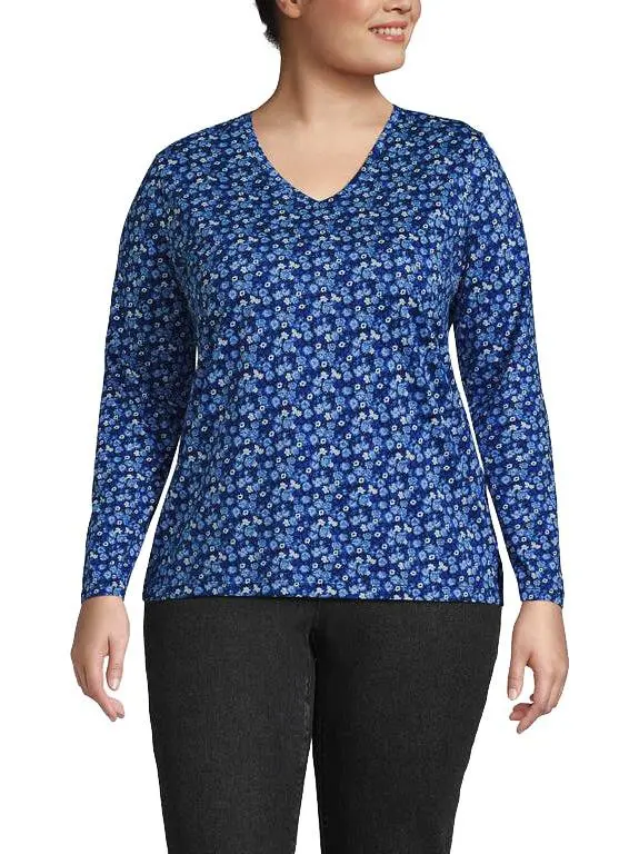 LANDS' END Supima Cotton Long-sleeve V-neck T-shirt - Deep Sea/blue Ditsy Floral