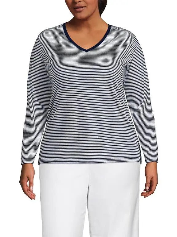 LANDS' END Supima Cotton Long-sleeve V-neck T-shirt - Deep Sea/ivory Micro Stripe