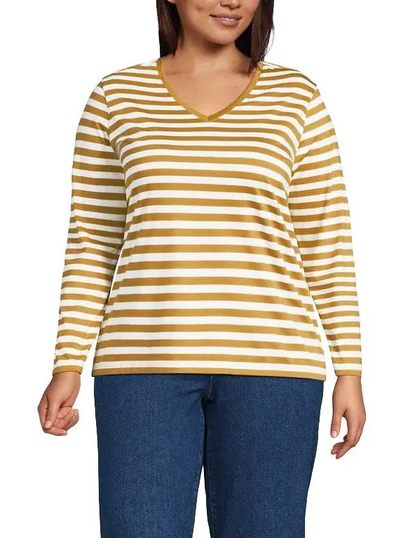 LANDS' END Supima Cotton Long-sleeve V-neck T-shirt - Dijon Gold Even Stripe