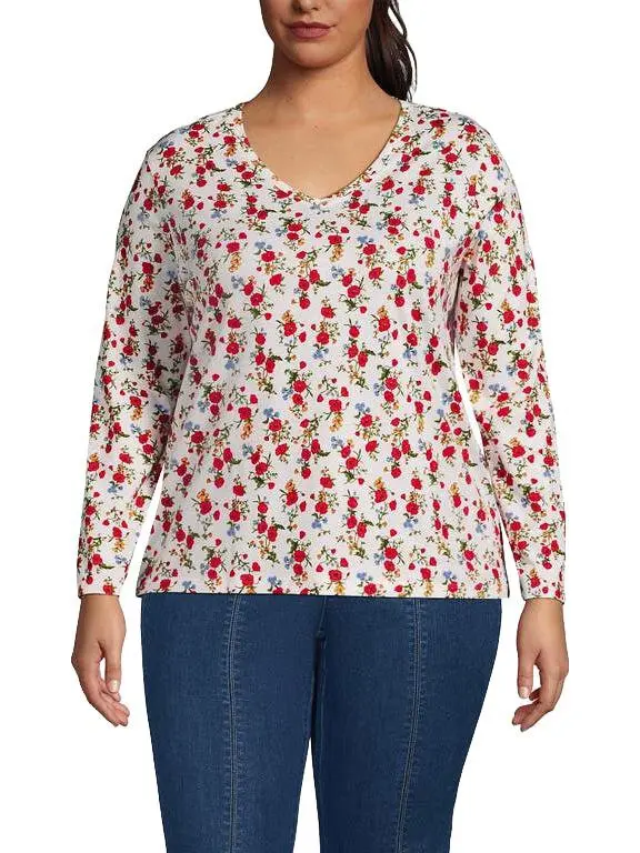LANDS' END Supima Cotton Long-sleeve V-neck T-shirt - Ivory Mini Poppy Floral