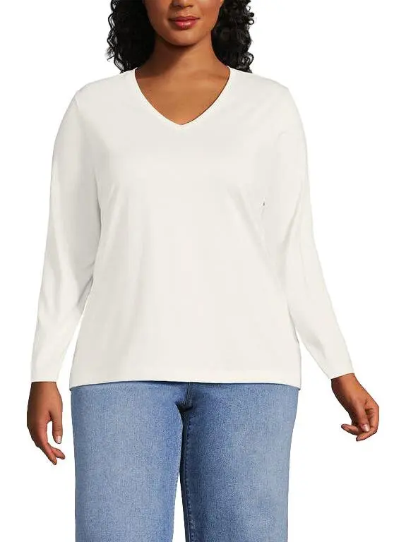 LANDS' END Supima Cotton Long-sleeve V-neck T-shirt - Ivory