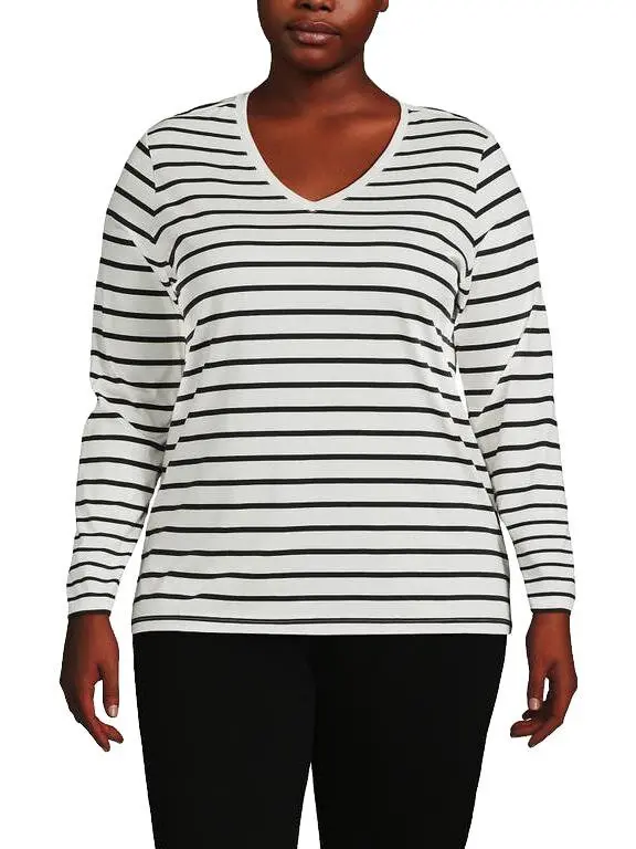 LANDS' END Supima Cotton Long-sleeve V-neck T-shirt - Ivory/black Breton Stripe