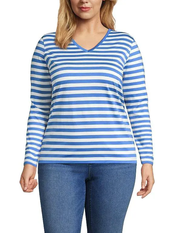 LANDS' END Supima Cotton Long-sleeve V-neck T-shirt - Muted Cobalt Even Stripe
