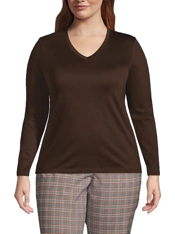 LANDS' END Relaxed Supima Cotton Long Sleeve V-neck T-shirt - Rich Coffee