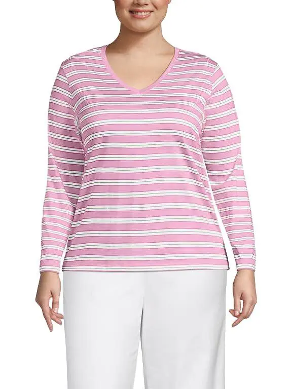 LANDS' END Supima Cotton Long-sleeve V-neck T-shirt - Seaside Pink Multi Stripe