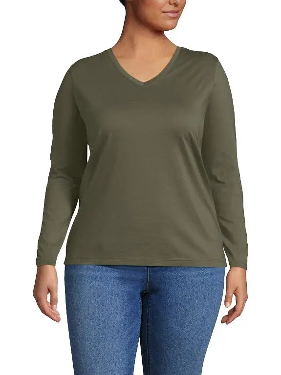 LANDS' END Supima Cotton Long-sleeve V-neck T-shirt - Soft Olive Drab