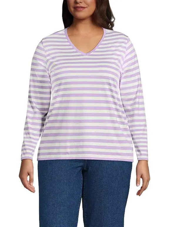 LANDS' END Supima Cotton Long-sleeve V-neck T-shirt - Whisper Lilac Even Stripe