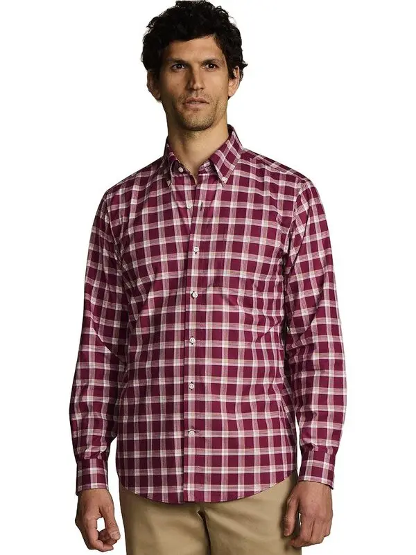 LANDS' END Traditional Fit No Iron Twill Shirt - Burgundy Spritz Plaid