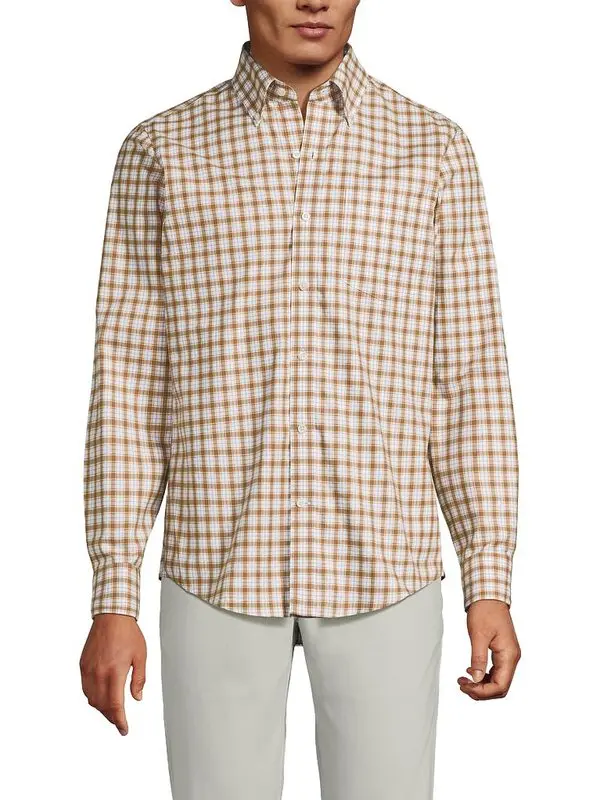 LANDS' END Traditional Fit No Iron Twill Shirt - Canyon Camel/blue Plaid