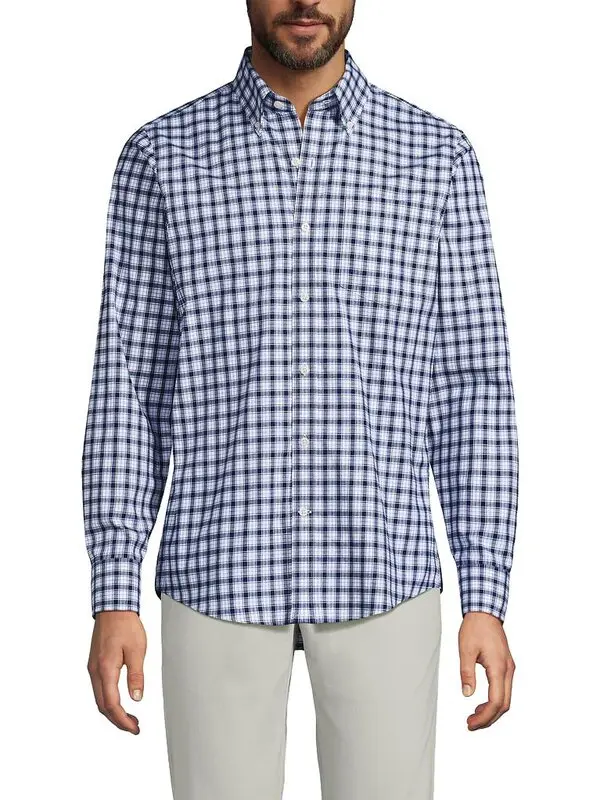 LANDS' END Traditional Fit No Iron Twill Shirt - Deep Sea Navy/tourmaline Plaid