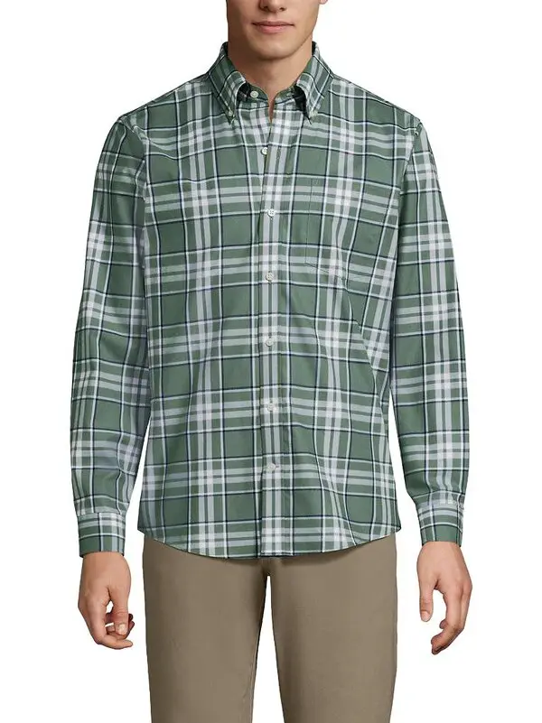 LANDS' END Traditional Fit No Iron Twill Shirt - Eucalyptus/navy Plaid