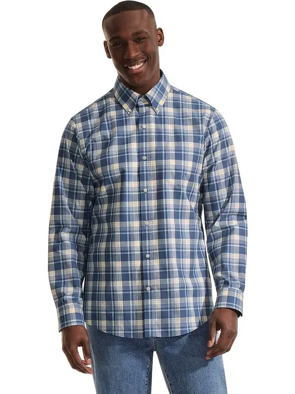 LANDS' END Traditional Fit No Iron Twill Shirt - Light Indigo Blue/yellow Plaid