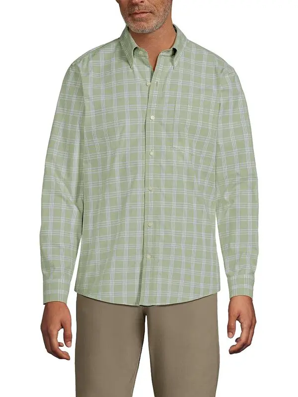LANDS' END Traditional Fit No Iron Twill Shirt - Light Stone Green Plaid