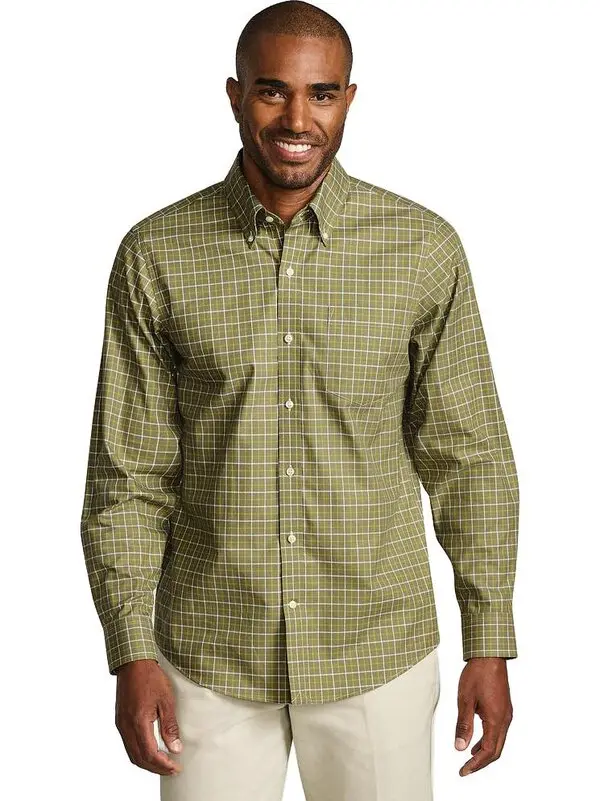 LANDS' END Traditional Fit No Iron Twill Shirt - River Stone Green/gold Plaid